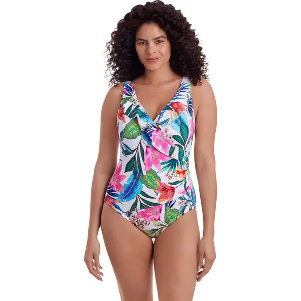 LONGITUDE Ruffle Front Surplice One-piece Swimsuit - Midnight Plumeria