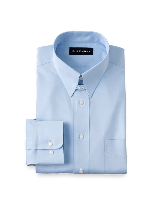 PAUL FREDRICK Non-iron Cotton Pinpoint Solid Snap Tab Collar Dress Shirt - Blue