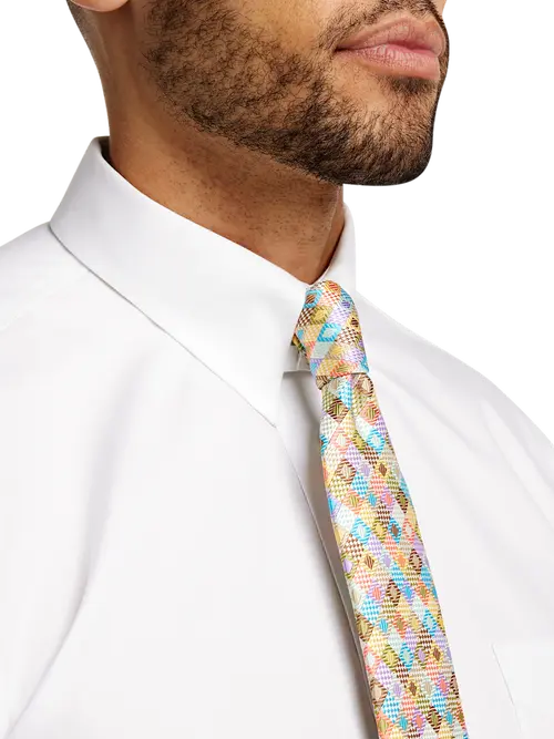 PAUL FREDRICK Non-iron Cotton Pinpoint Solid Snap Tab Collar Dress Shirt - White