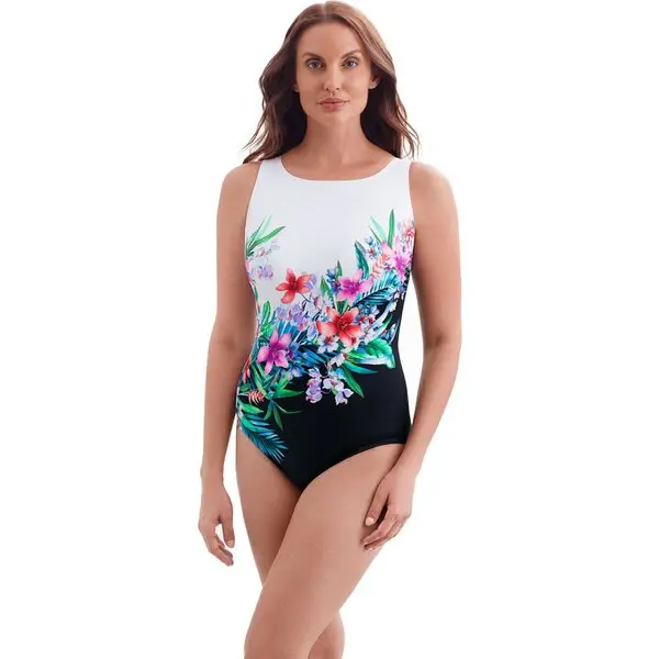 LONGITUDE Panel Scoopback Highneck Long Torso One-piece Swimsuit - Bora Bora