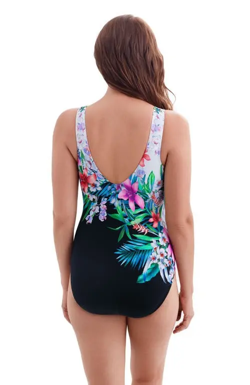 LONGITUDE Panel Scoopback Highneck Long Torso One-piece Swimsuit - Bora Bora