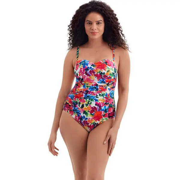 LONGITUDE Shirred Sweetheart Tank Long Torso One-piece Swimsuit - Blooming Bouquet