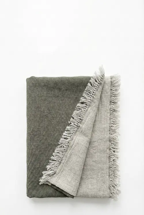 Anaya Reversible Linen Fringe Throw - Olive Green