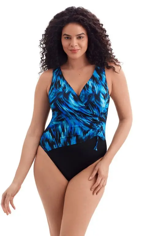 LONGITUDE Shirred Faux Tie Surplice Long Torso One-piece Swimsuit - Summer Waves