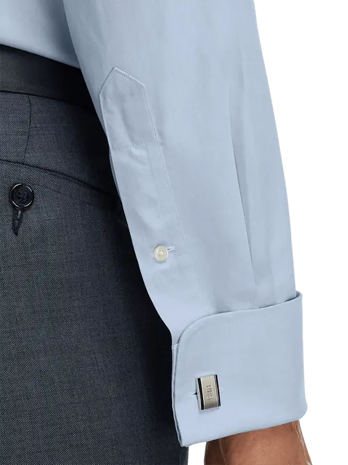 PAUL FREDRICK Non-iron Cotton Pinpoint Solid Spread Collar French Cuff Dress Shirt - Blue