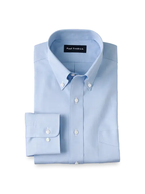 PAUL FREDRICK Slim Fit Non-iron Cotton Pinpoint Solid Button Down Collar Dress Shirt - Blue