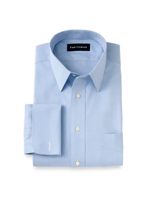 PAUL FREDRICK Non-iron Cotton Pinpoint Solid Point Collar French Cuff Dress Shirt - Blue