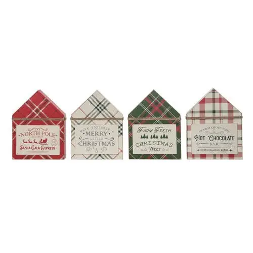 TRANSPAC Mdf Plaid Home Shaped Block Decor Set Of Christmas Decorations - Multicolored