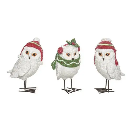 TRANSPAC Resin Winter Owl Figurine Set Of Three Christmas Decor - Multicolored