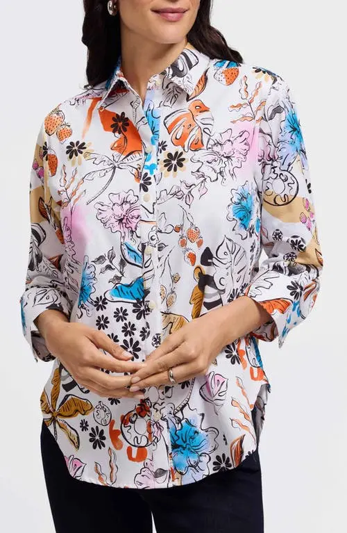 Foxcroft Watercolor Print Cotton Button-up Shirt - White/orange Multi