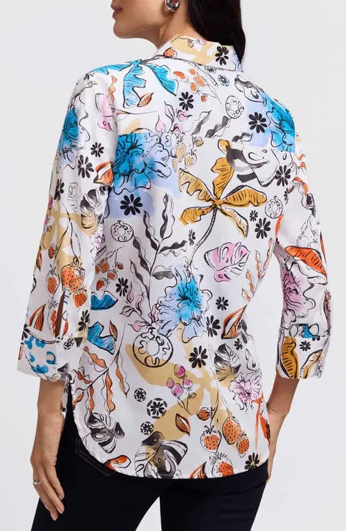 Foxcroft Watercolor Print Cotton Button-up Shirt - White/orange Multi