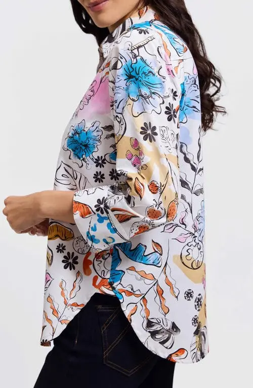 Foxcroft Watercolor Print Cotton Button-up Shirt - White/orange Multi