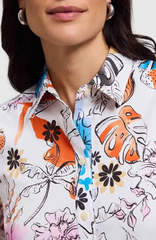 Foxcroft Watercolor Print Cotton Button-up Shirt - White/orange Multi