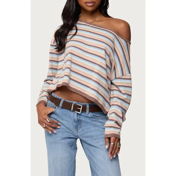EDIKTED Alexis Stripe Off-the-shoulder Long-sleeve Top