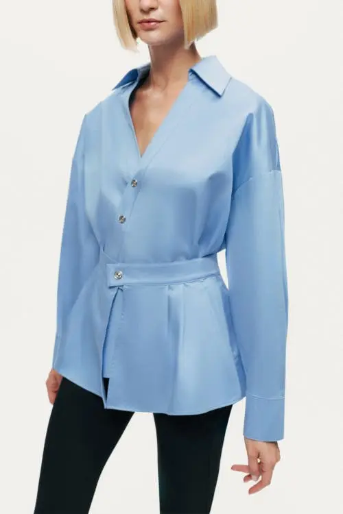 NOCTURNE Belted V-neck Poplin Shirt