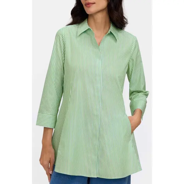 Foxcroft Cotton Stripe Tunic Shirt - Mojito Green/white