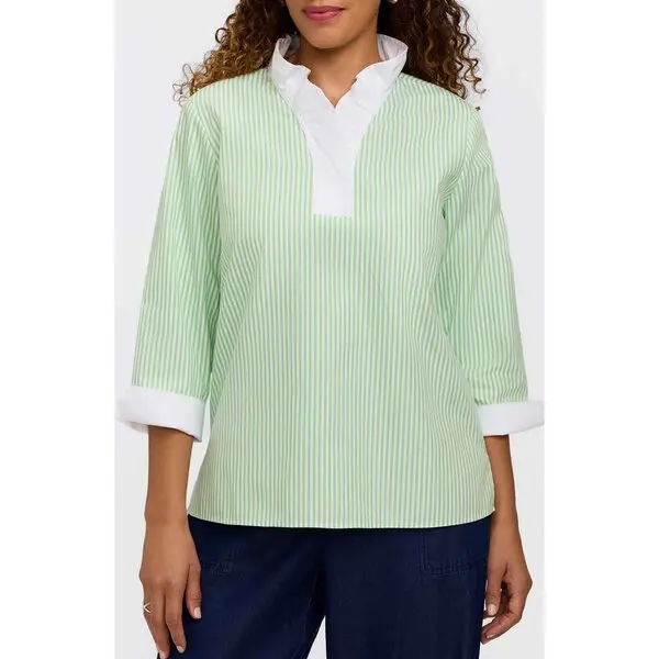 Foxcroft Tammy Ruffle Collar Cotton Top - Mojito Green/white