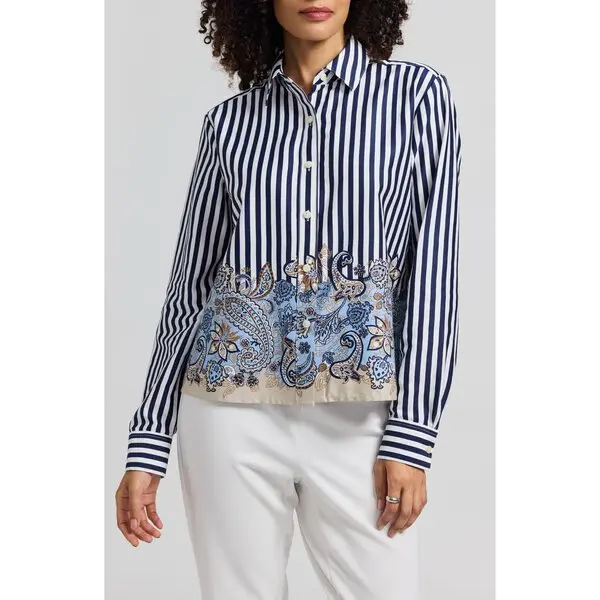 Foxcroft Striped Paisley Cotton Button-up Shirt - Blue Multi