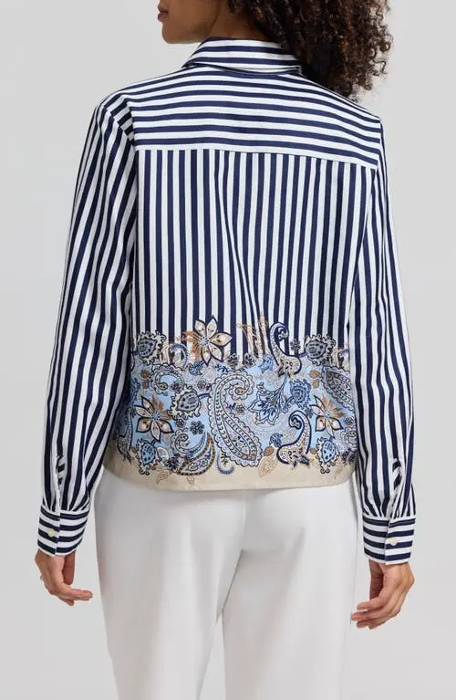 Foxcroft Striped Paisley Cotton Button-up Shirt - Blue Multi