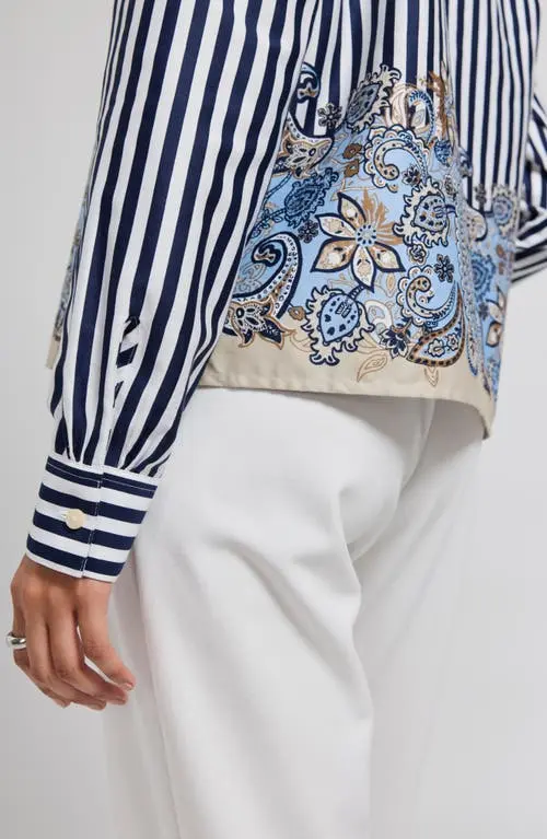 Foxcroft Striped Paisley Cotton Button-up Shirt - Blue Multi