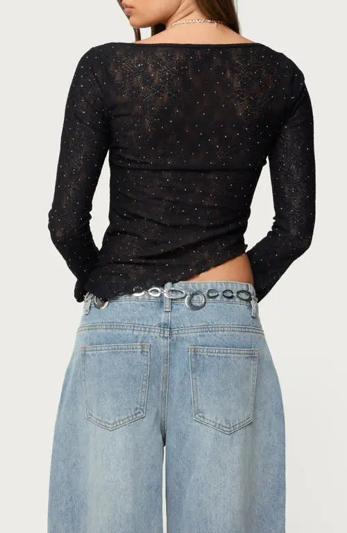 EDIKTED Mare Rhinestone Asymmetric Lace Top - Black