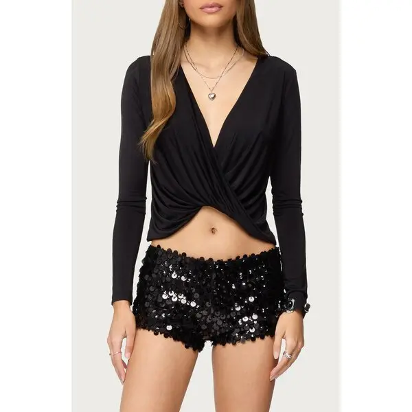 EDIKTED Draped Neck Long Sleeve Top - Black