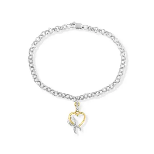 HAUS OF BRILLIANCE 10k Gold 1/10 Cttw Diamond Ribbon & Heart Charm Silver Bracelet - Yellow
