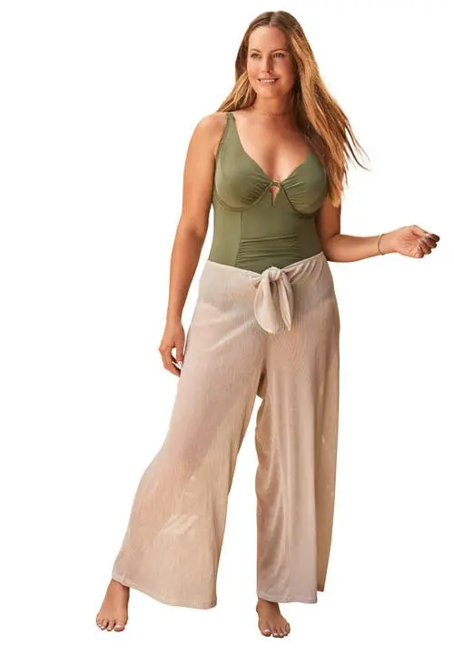 SWIM 365 Metallic Crinkle Ankle-length Cover-up Pants - Cream Gold Metallic