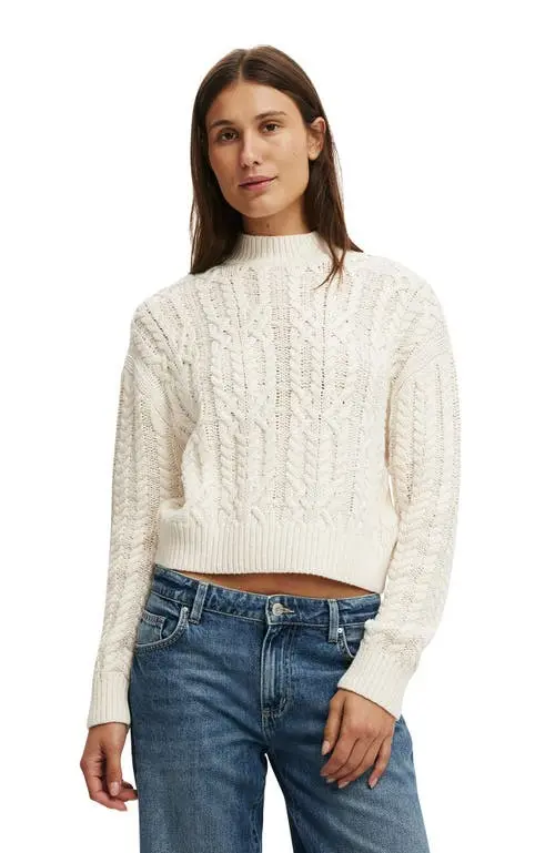 COTTON ON Boxy Mock Neck Cable Knit Sweater - Porcelain
