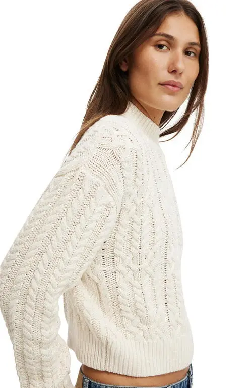 COTTON ON Boxy Mock Neck Cable Knit Sweater - Porcelain