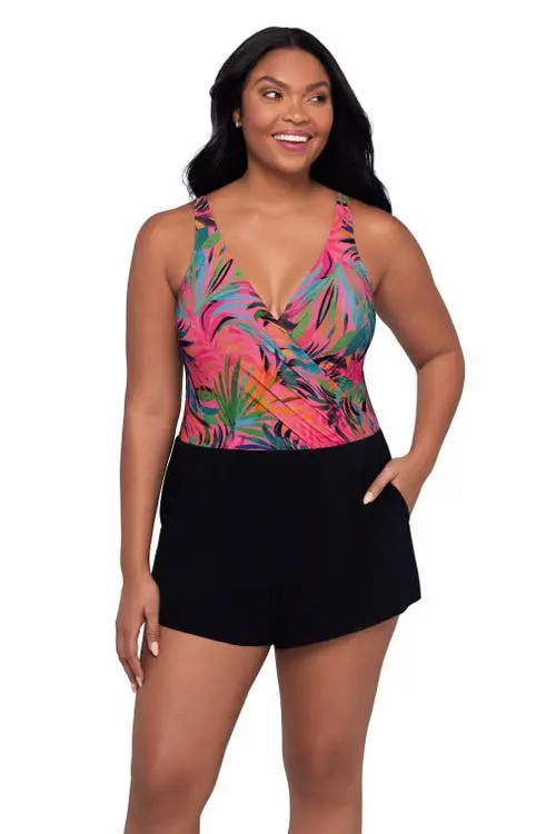 TRIMSHAPER Kim Surplice Swim Romper - Amazonian Palms