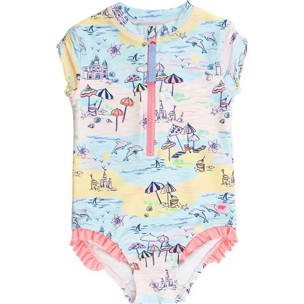 RUFFLEBUTTS Short Sleeve Upf50 One Piece Rash Guard - Beach Day