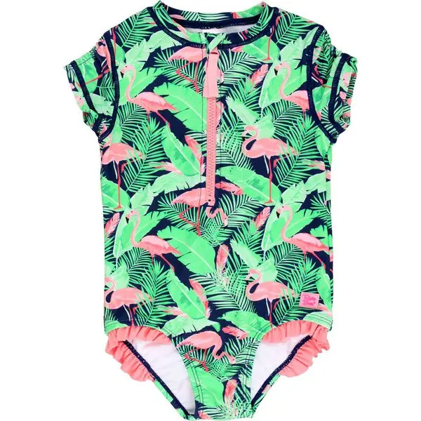 RUFFLEBUTTS Short Sleeve Upf50 One Piece Rash Guard - Flamingo Frenzy