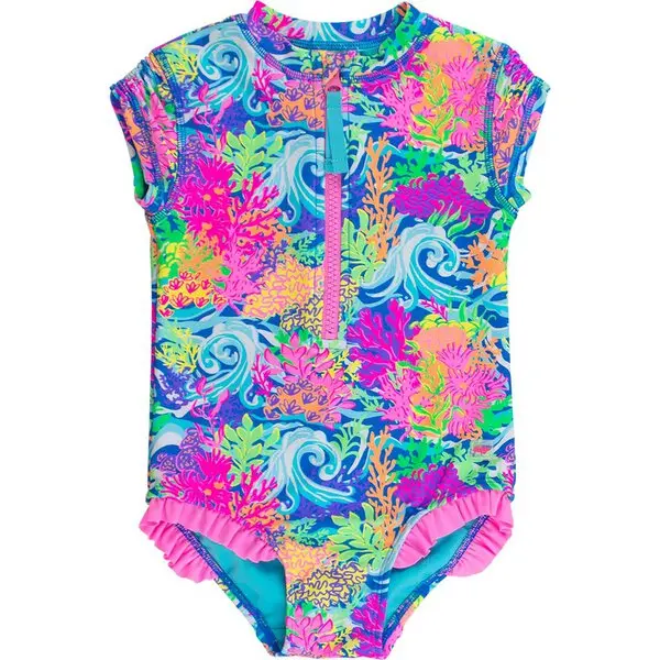 RUFFLEBUTTS Short Sleeve Upf50 One Piece Rash Guard - Neon Ocean Coral