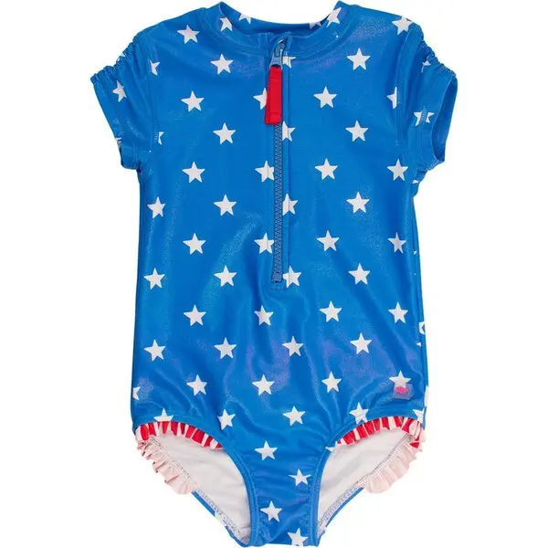 RUFFLEBUTTS Short Sleeve Upf50 One Piece Rash Guard - Shimmer Stars & Stripes