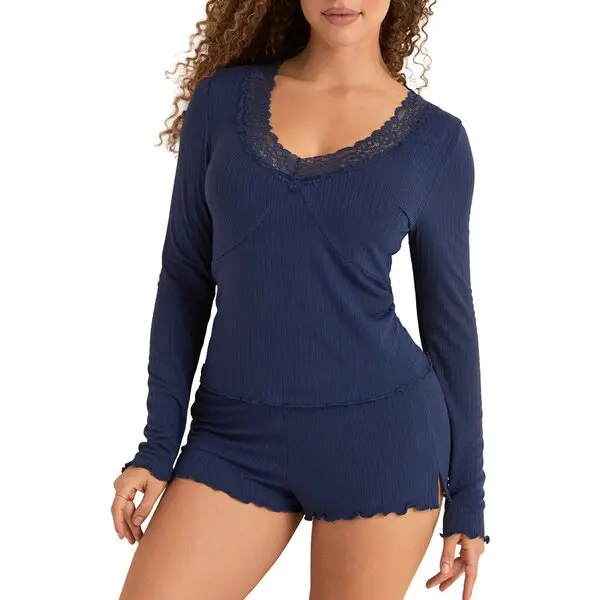 ADORE ME Brooks Pajama Long Sleeve Top & Shorts Set - Dark Blue