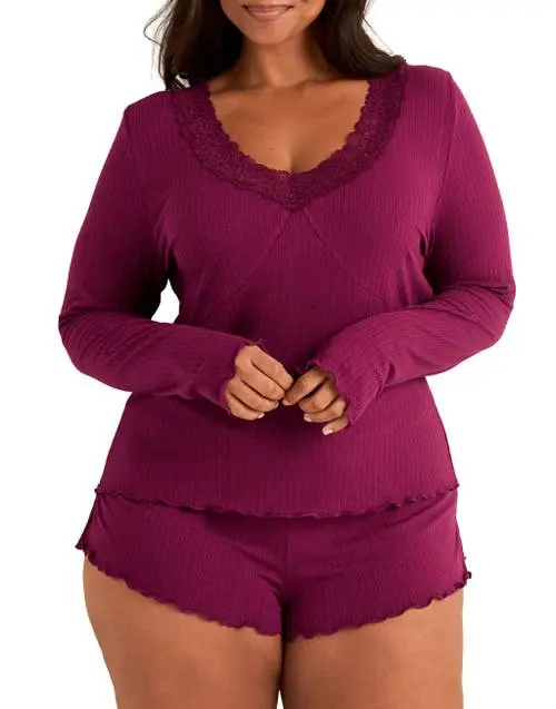 ADORE ME Brooks Pajama Long Sleeve Top & Shorts Set - Dark Purple