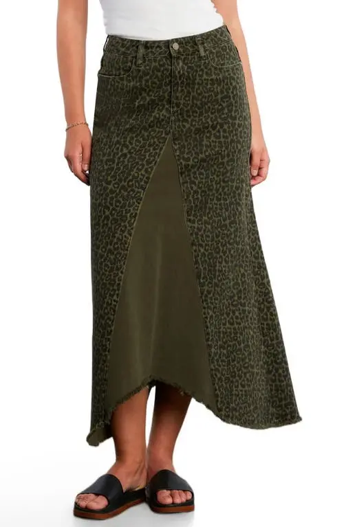 WASH LAB DENIM Leopard Print Pieced Denim Midi Skirt - Green Leopard