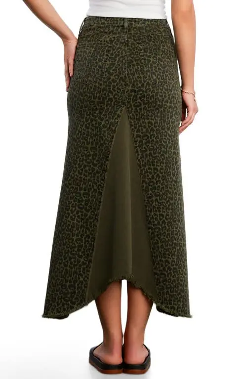 WASH LAB DENIM Leopard Print Pieced Denim Midi Skirt - Green Leopard