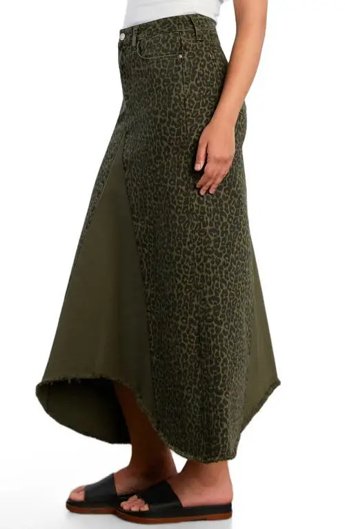 WASH LAB DENIM Leopard Print Pieced Denim Midi Skirt - Green Leopard