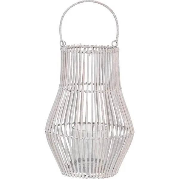 STORIED HOME Round Hand-woven Wood Lantern With Handle And Glass Insert - White