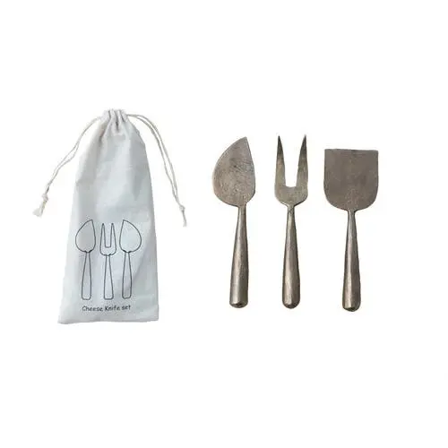 STORIED HOME Artisan Cheese Server Set On A Drawstring Bag - Gold