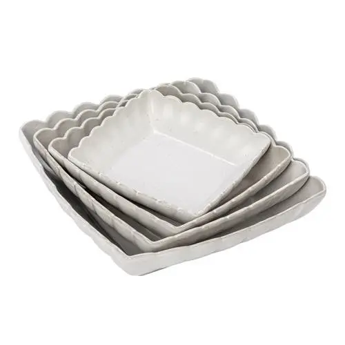STORIED HOME Square Stoneware Serving Dishes With Scalloped Edge - White