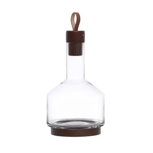 STORIED HOME Glass Carafe With Acacia Wood Base - Clear