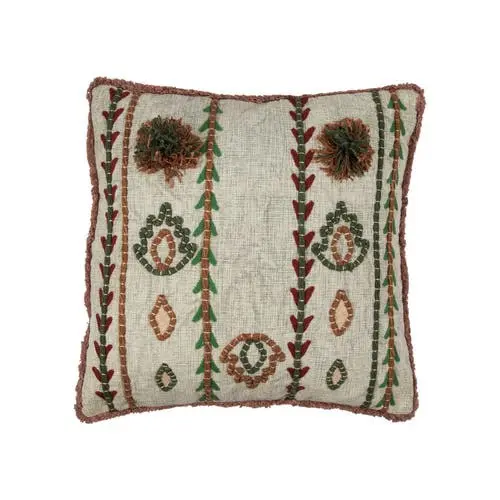 STORIED HOME Embroidered Cotton Pillow - White
