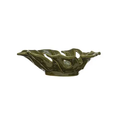 STORIED HOME Stoneware Leaf Shaped Bowl - Green