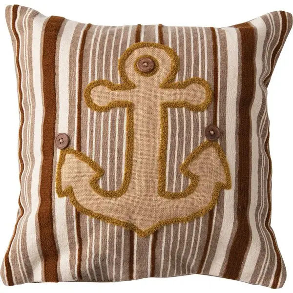 STORIED HOME Appliqued Anchor Pillow With Wood Buttons - Brown