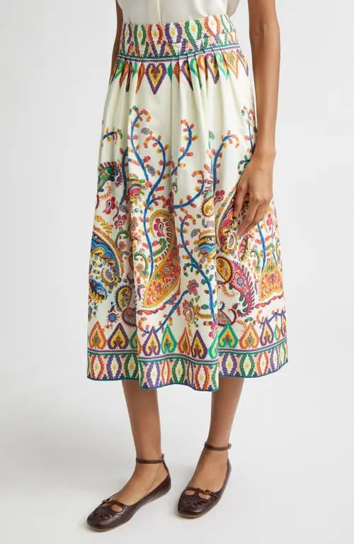 Etro Floral Paisley Pleated Cotton Voile Midi Skirt - Print On White Base
