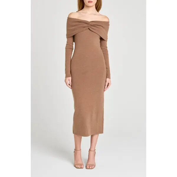WAYF Off The Shoulder Knit Midi Dress - Mocha