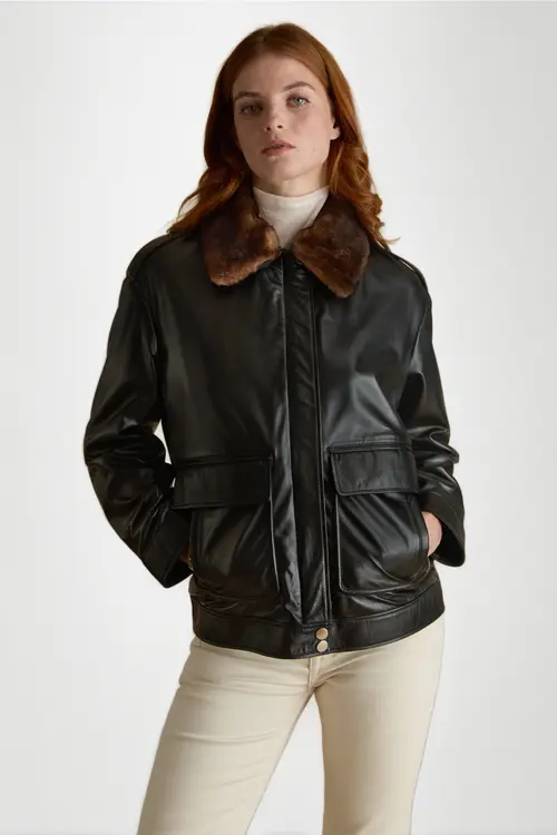 FURNIQ UK Leather Jacket With Detachable Shearling Collar - Black